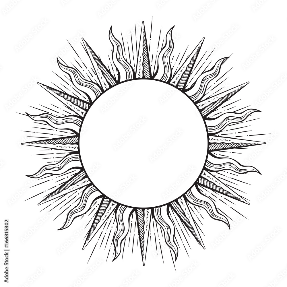 Vetor de Hand drawn etching style frame in a shape of sun rays vector ...
