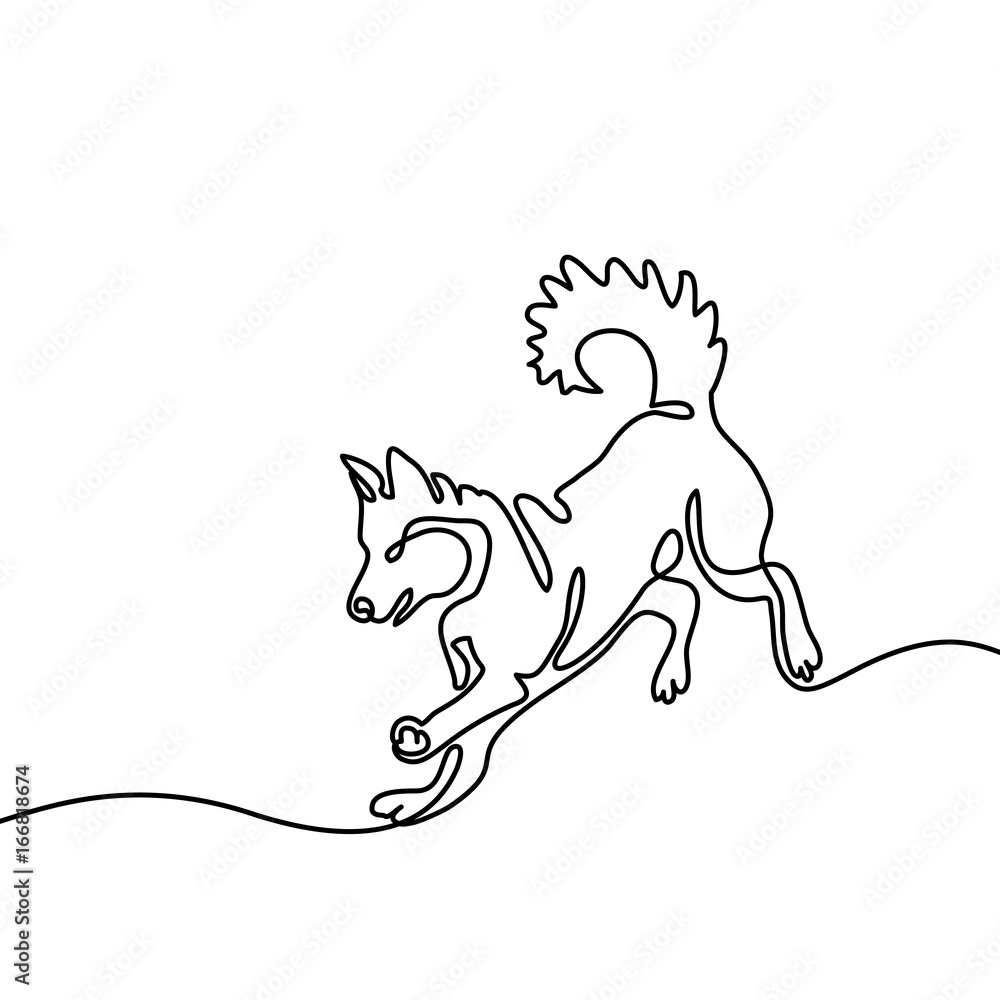 Continuous line drawing. Dog jumping and playing. Vector illustration ...