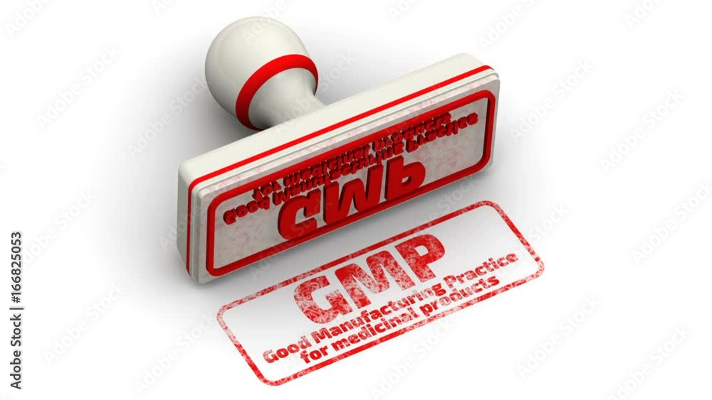 GMP - Good Manufacturing Practice for medicinal products. Stamp leaves ...