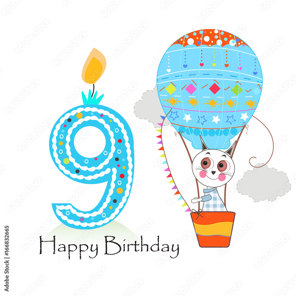 Ninth birthday with hot air balloon and cute cats. Happy birthday ...