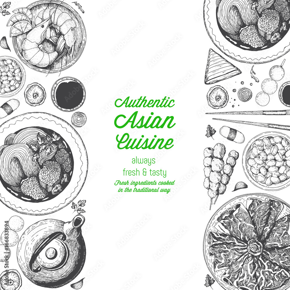 Asian food frame. Design template with ramen, wagyu, shrimps and natto ...