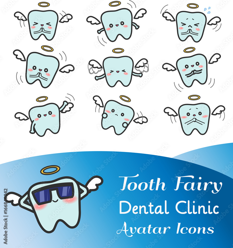 Cute cartoon illustration of tooth fairy avatar icon in various facial ...