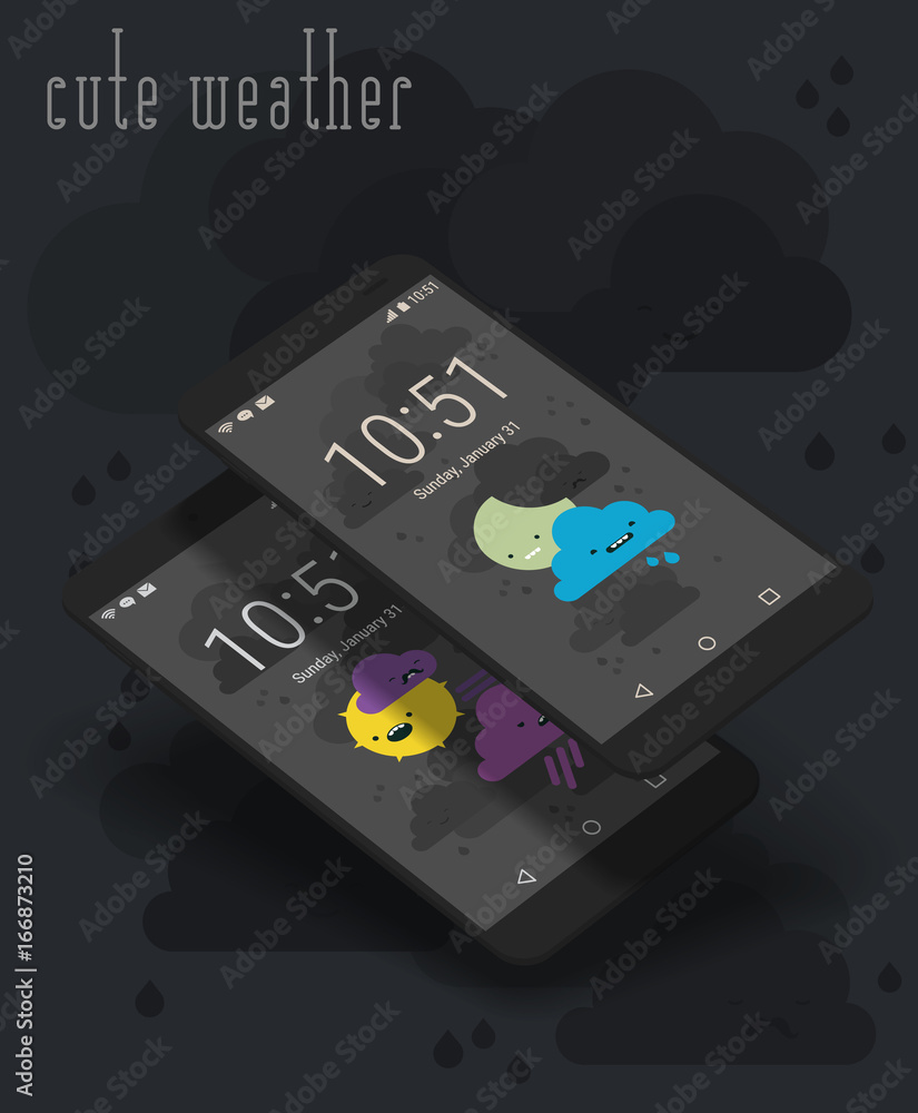 Cute weather moile app screens on 3d smartphone mockups Stock Vector ...