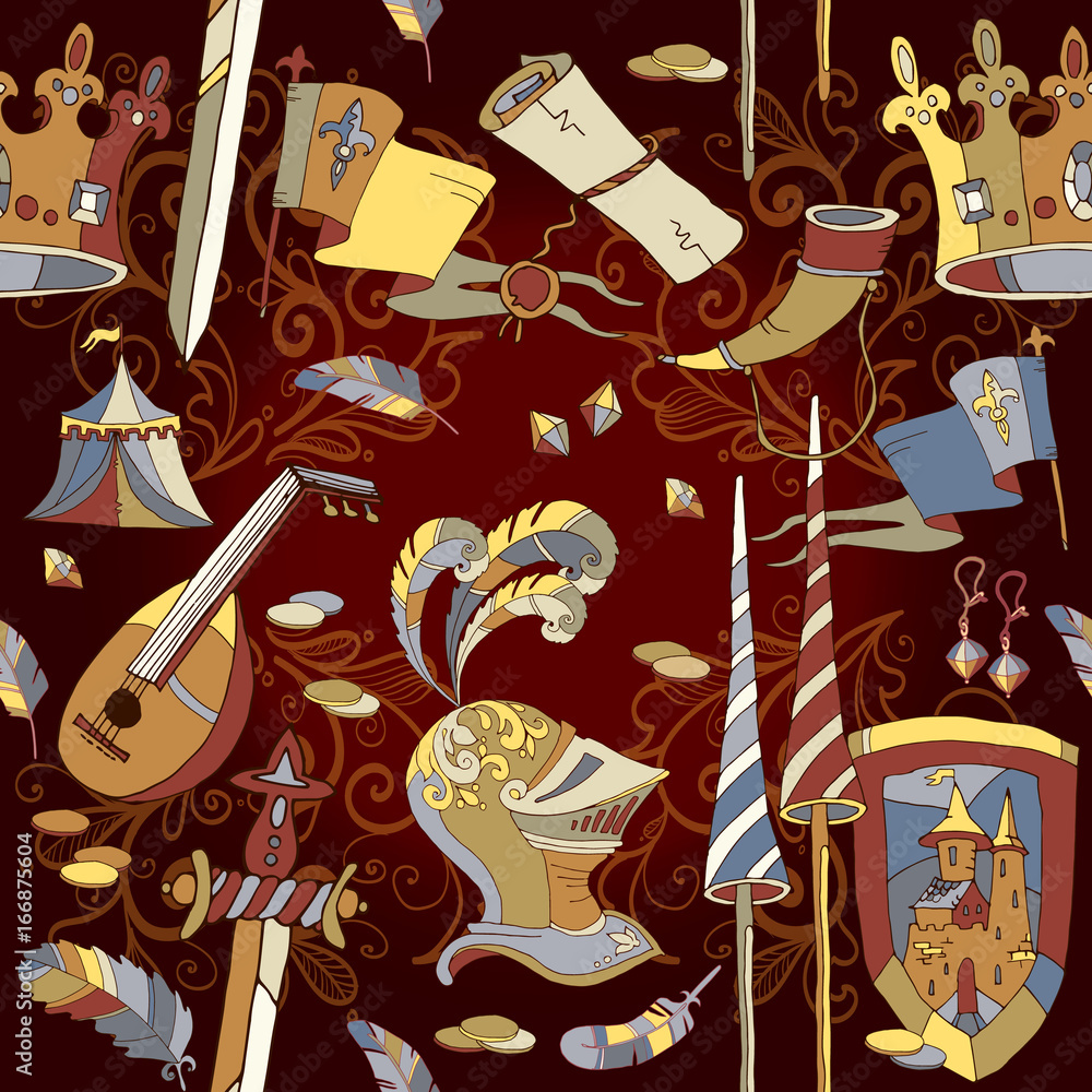 Medieval seamless pattern, ancient castle, knight armor, medieval sword ...