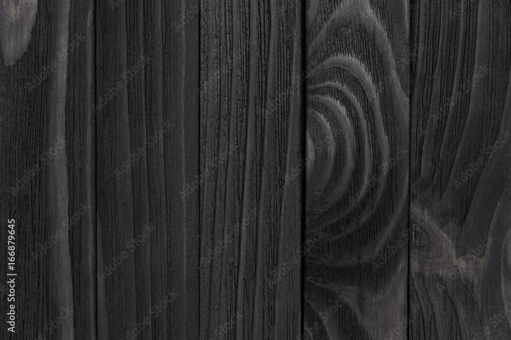 Black Wood Texture. Black stained wooden billboard close-up. Vertical ...