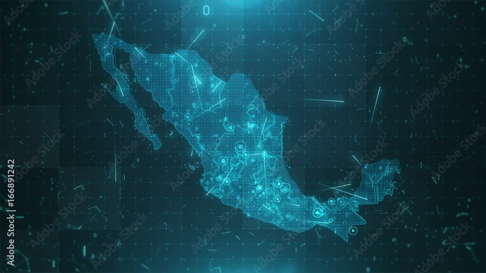 Mexico map with an animation camera, glowing round connections in ...
