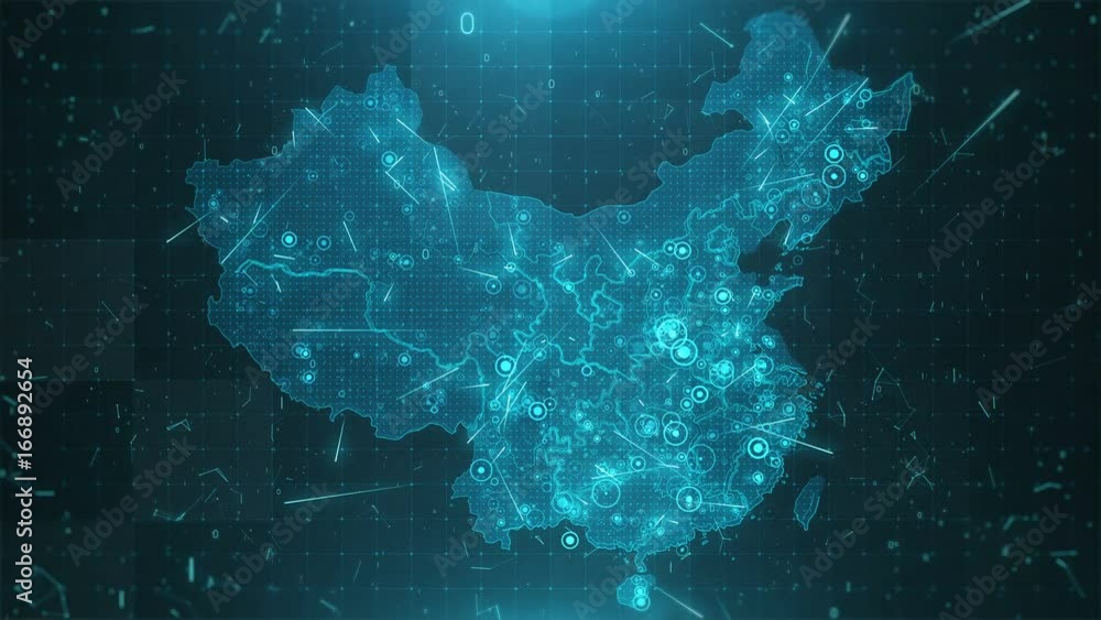 China map with an animation camera, glowing round connections in ...