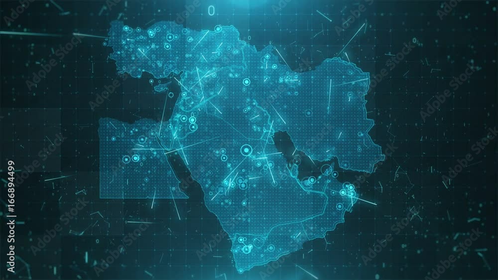 Middle East map with an animation camera, glowing round connections in ...