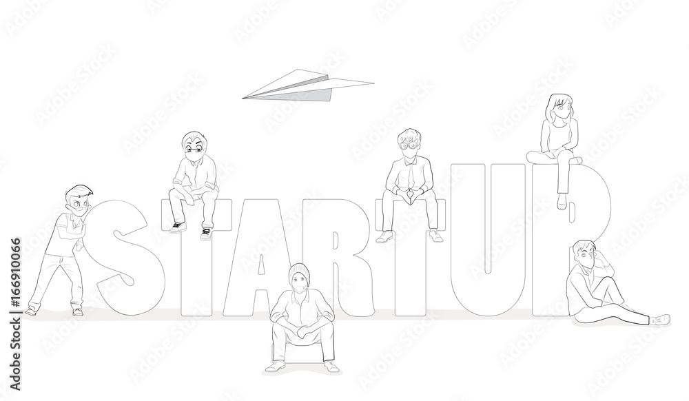 Cartoon working little people with word StartUp. Doodle cute miniature ...
