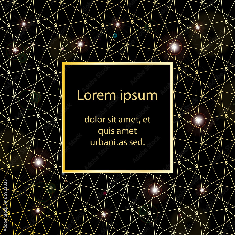 Black paper rectangle banner on black background with sparkling golden ...