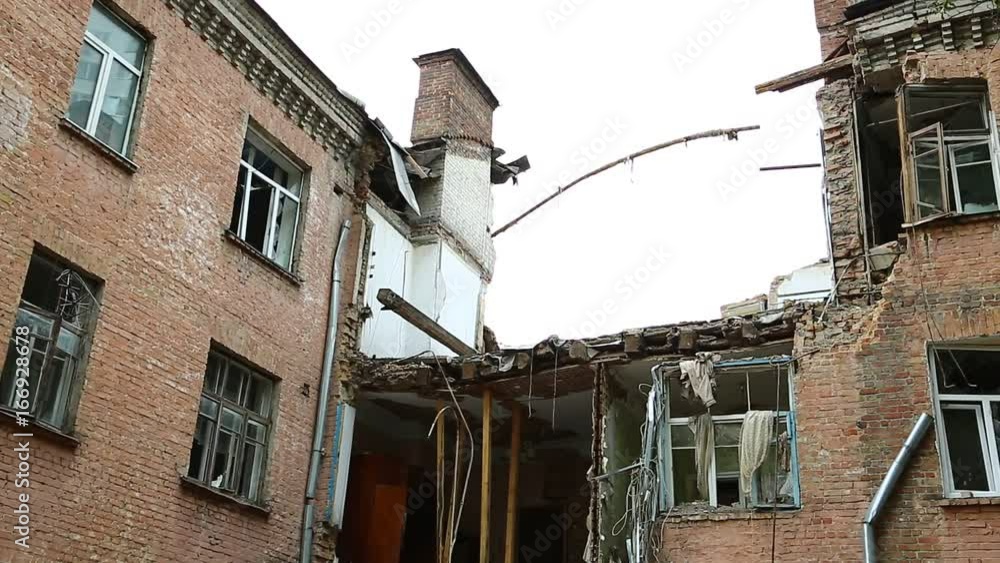 Destruction of the house from gas explosion. Ruins of building after ...