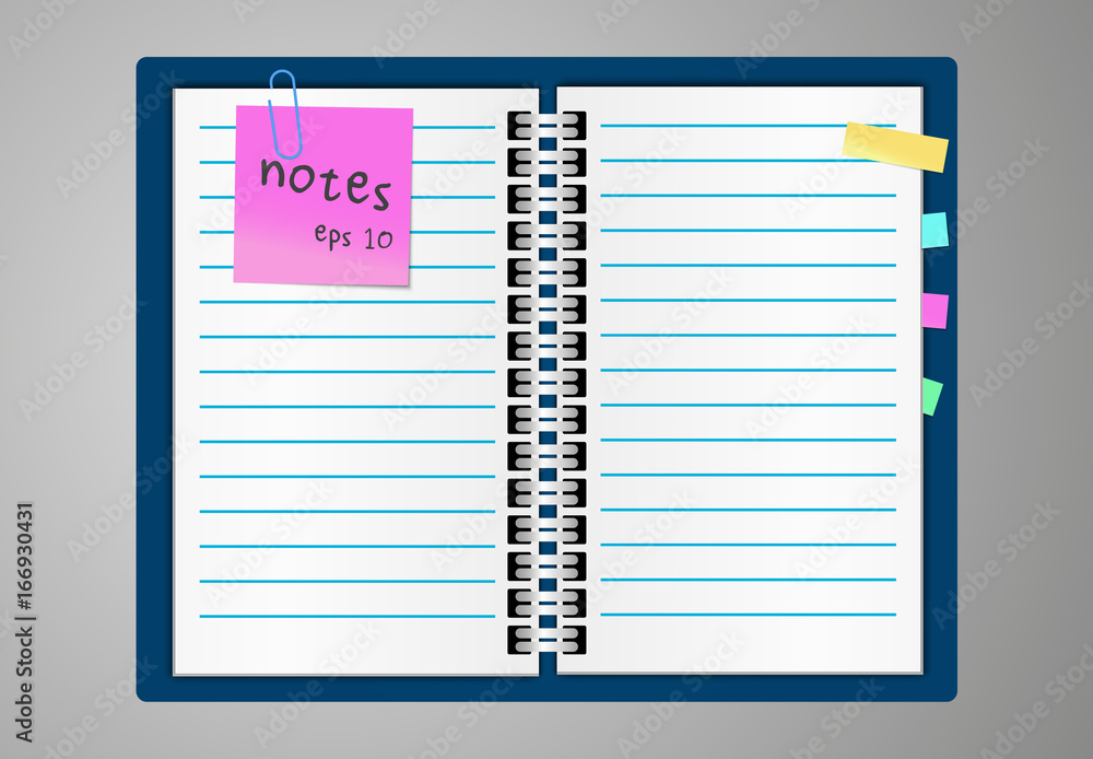 Vector realistic open notebook. Vertical blank copybook with metallic ...