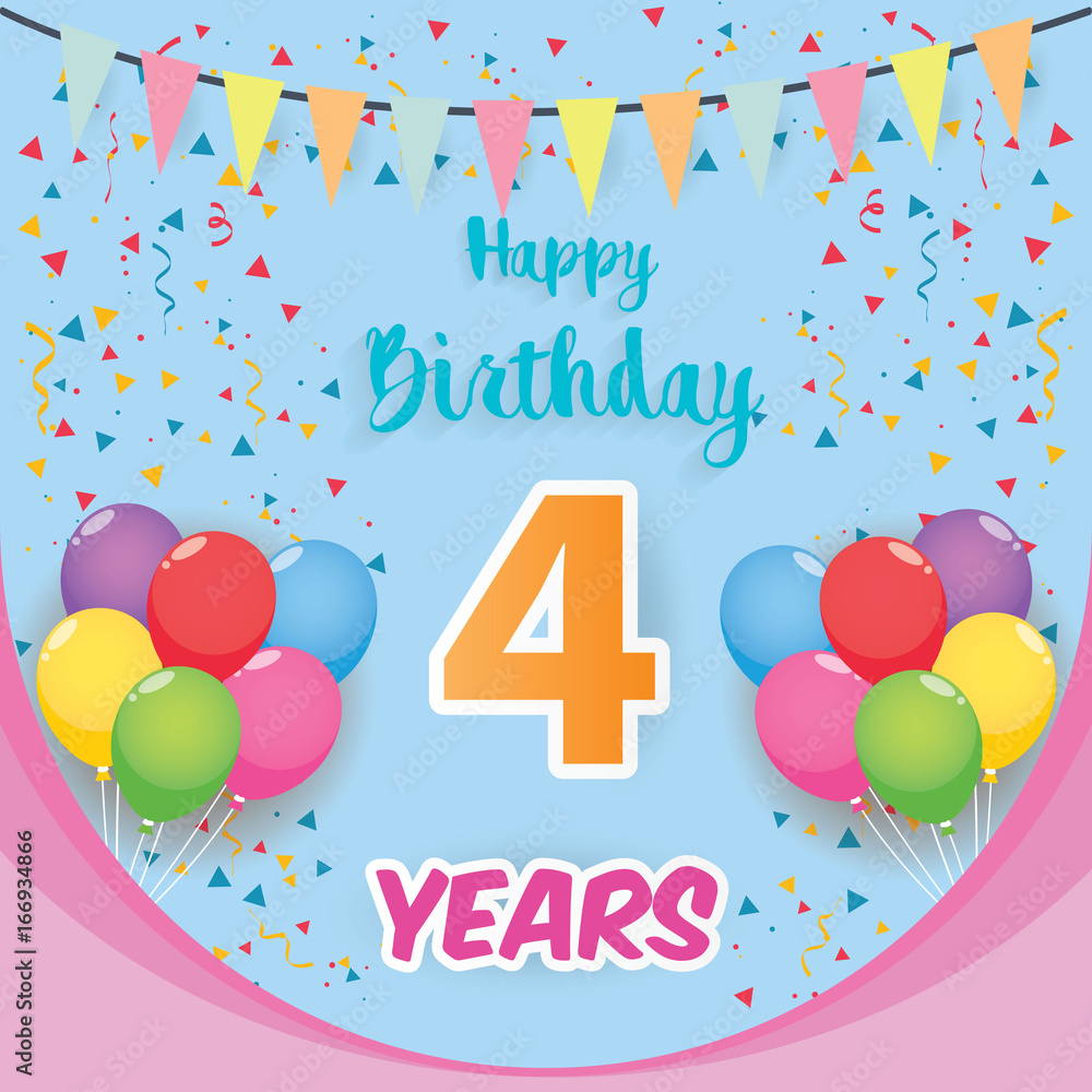 color full 4 th birthday celebration greeting card design, birthday ...