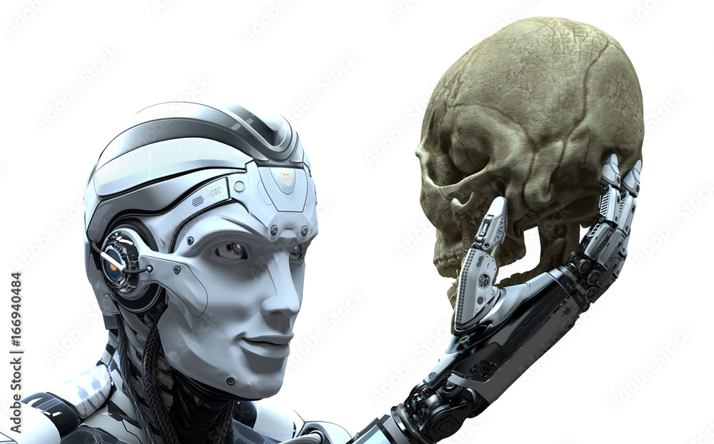 Robot with Artificial Intelligence observing human skull in Evolved ...