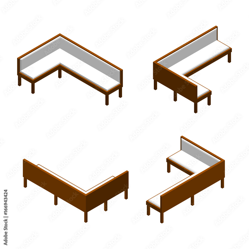 Isometric wooden corner bench in different projections. Vector sofa ...