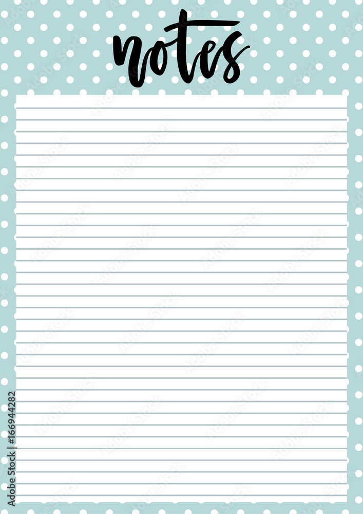 Cute A4 template for notes with lettering and decorative dotted blue ...