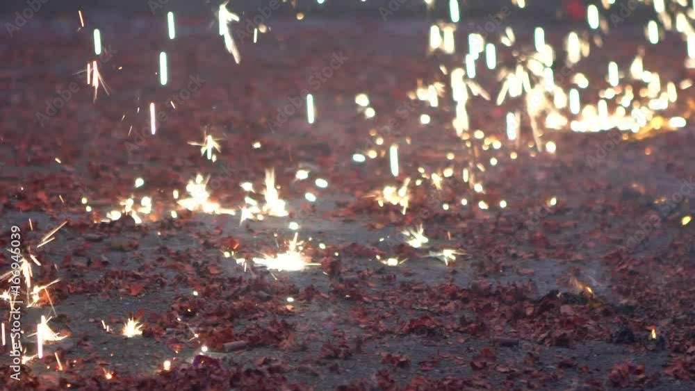 Slow motion Bright fire rain falling down in celebration of Matsu God ...