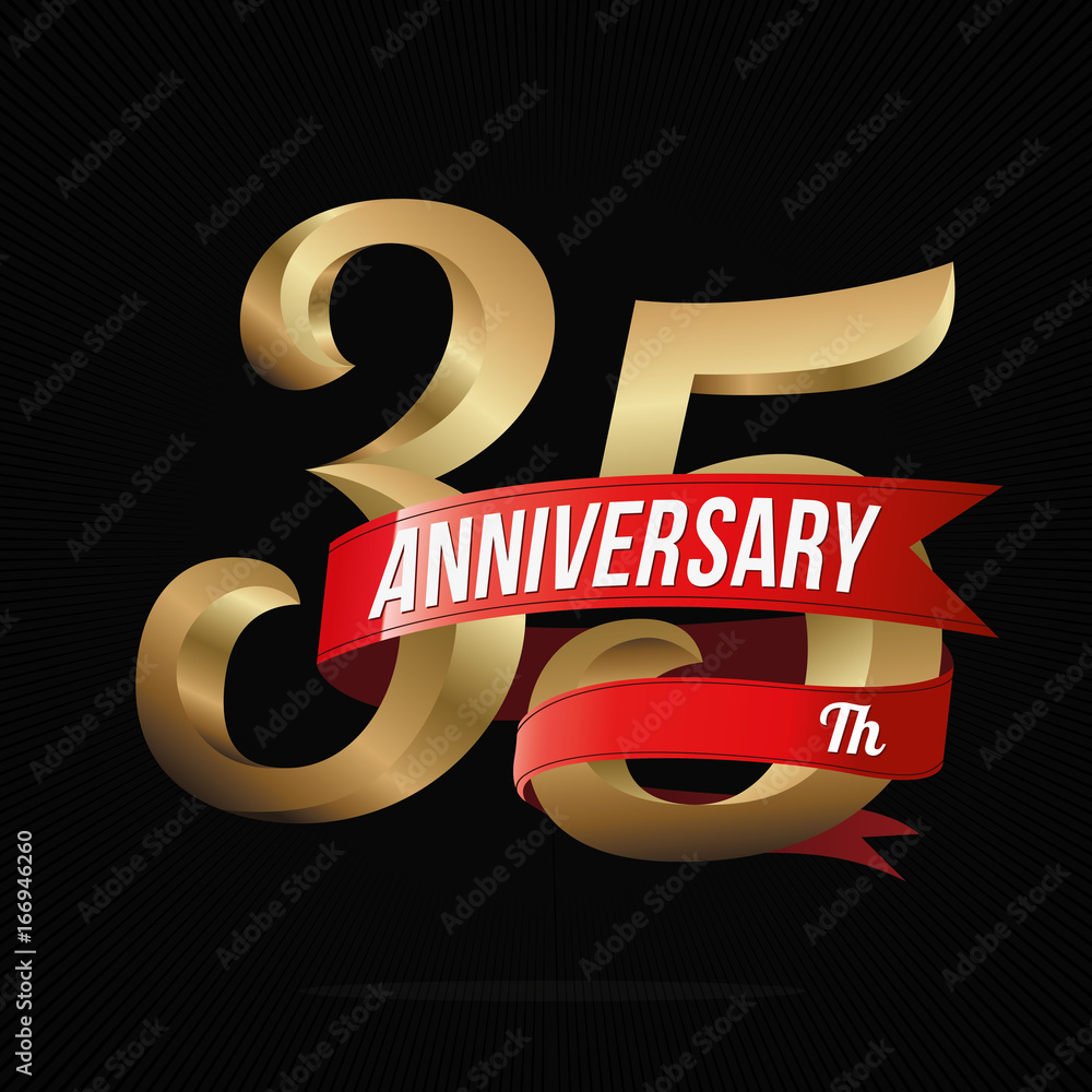 35 Years Anniversary Golden Logo Celebration with Red Ribbon Stock ...