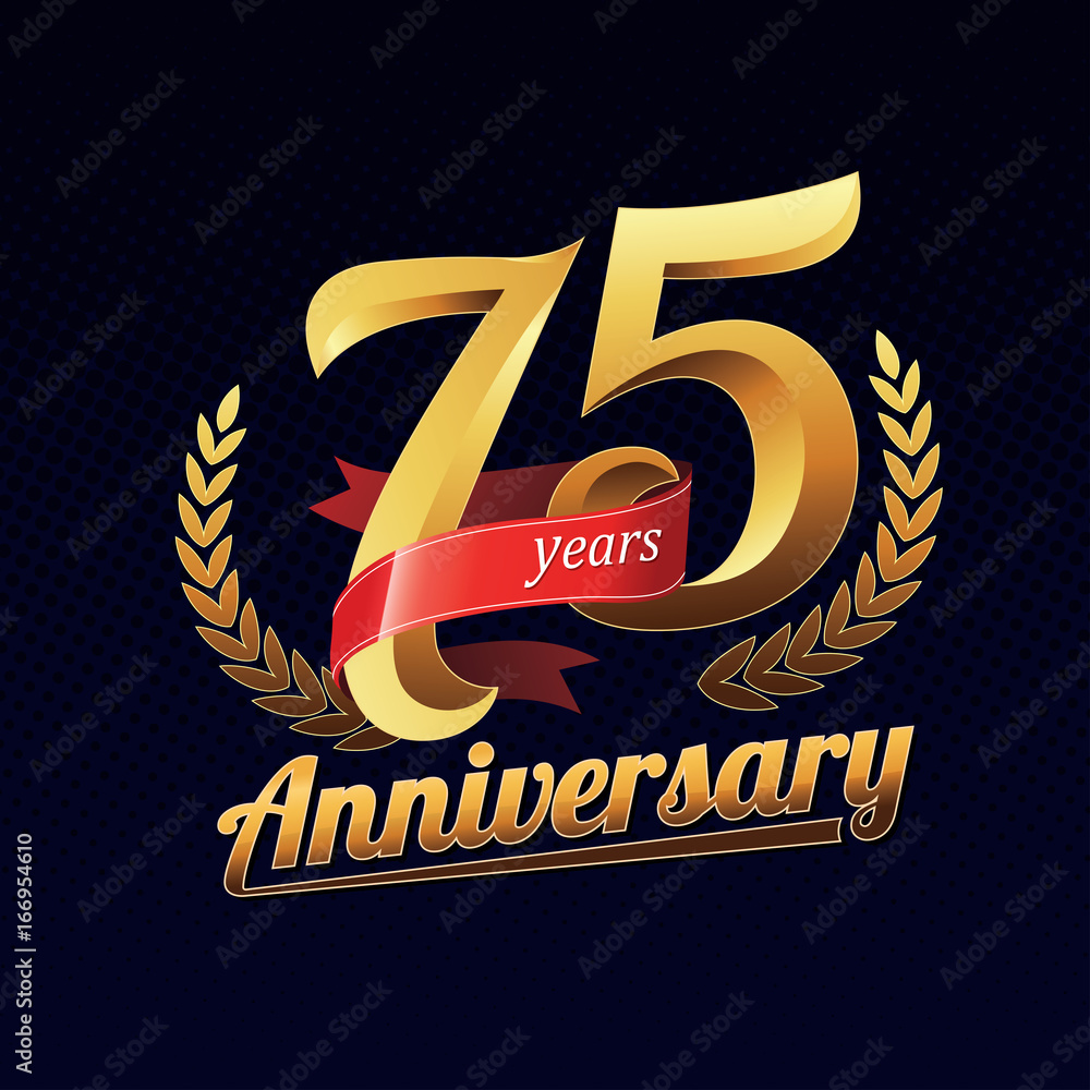 75 Years Anniversary Golden Logo Celebration with Red Ribbon Stock ...