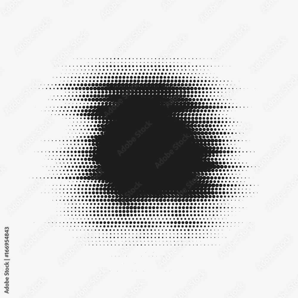 Glitched vector halftone stain. Black blot made of round particles ...