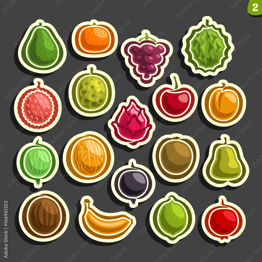 Vector Set icons of colorful Fruits and Berries: collection of exsotic ...