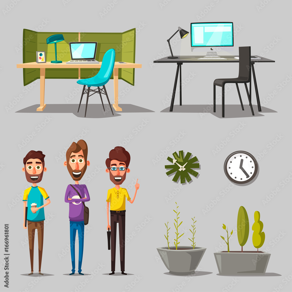 Modern workplaces. Creative characters. Office work. Cartoon vector ...