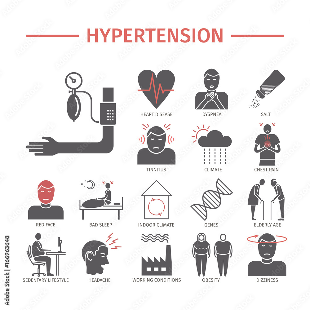 Hypertension. Symptoms, Treatment. Vector signs for web graphics. Stock ...