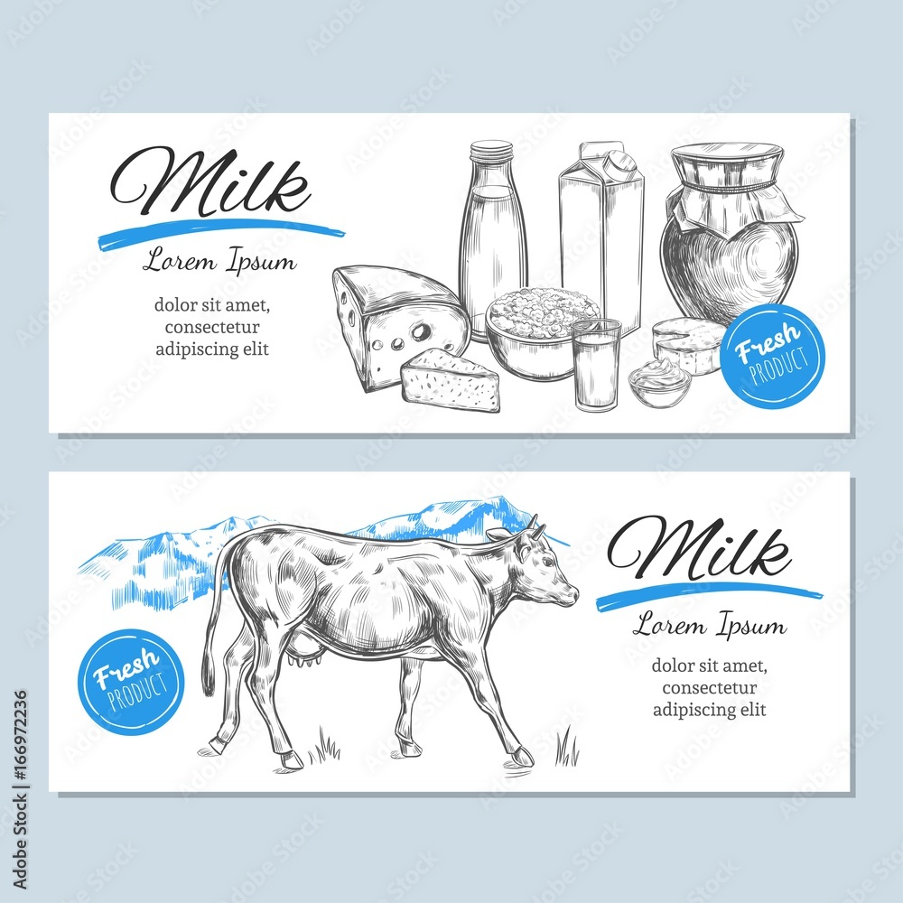 Dairy products banners, labels. Milk products and farm landscape with ...
