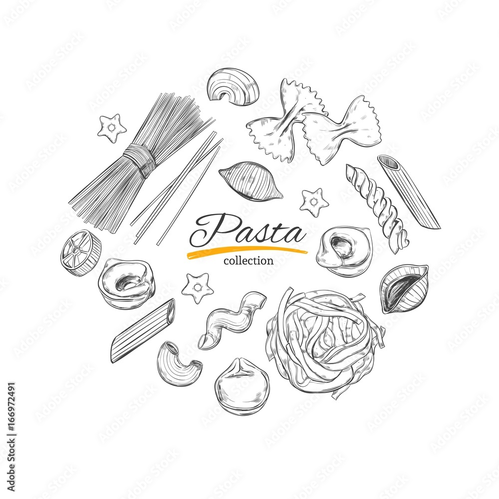 Cooking Italian Pasta template. Different types of pasta. Vector hand ...