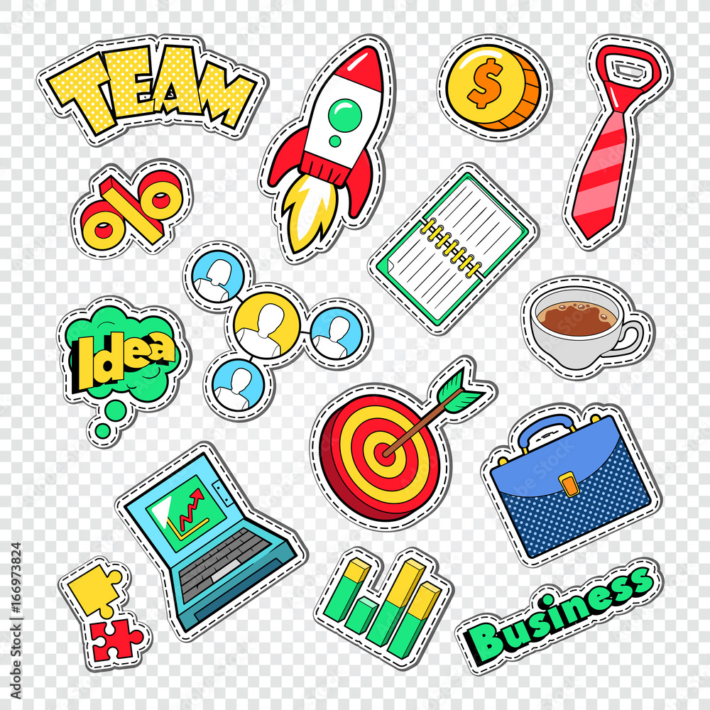 Business Team Work Doodle. Finance and Creative Idea Stickers, Badges ...