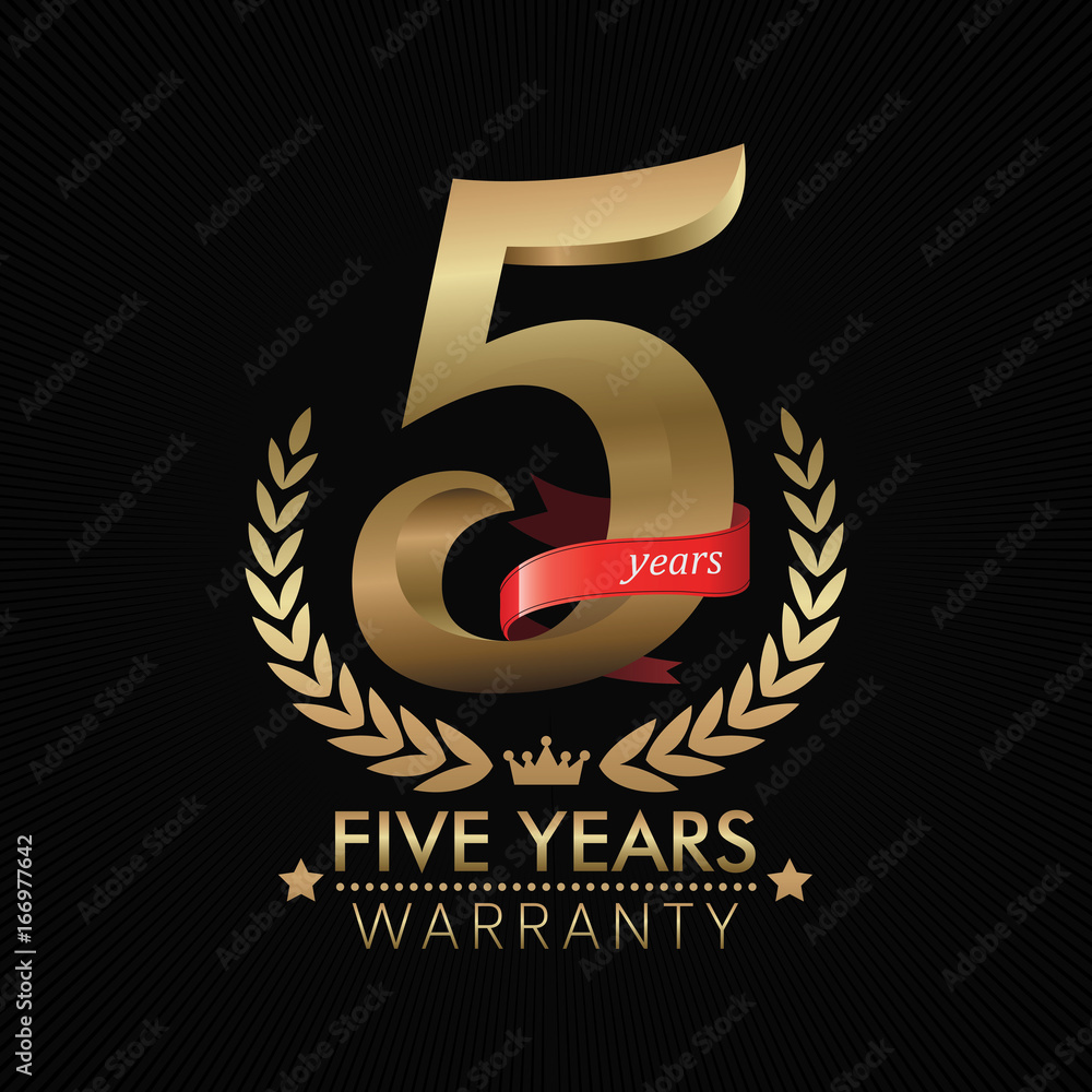 5 Years Warranty background with red ribbon. Poster, label, badge or ...