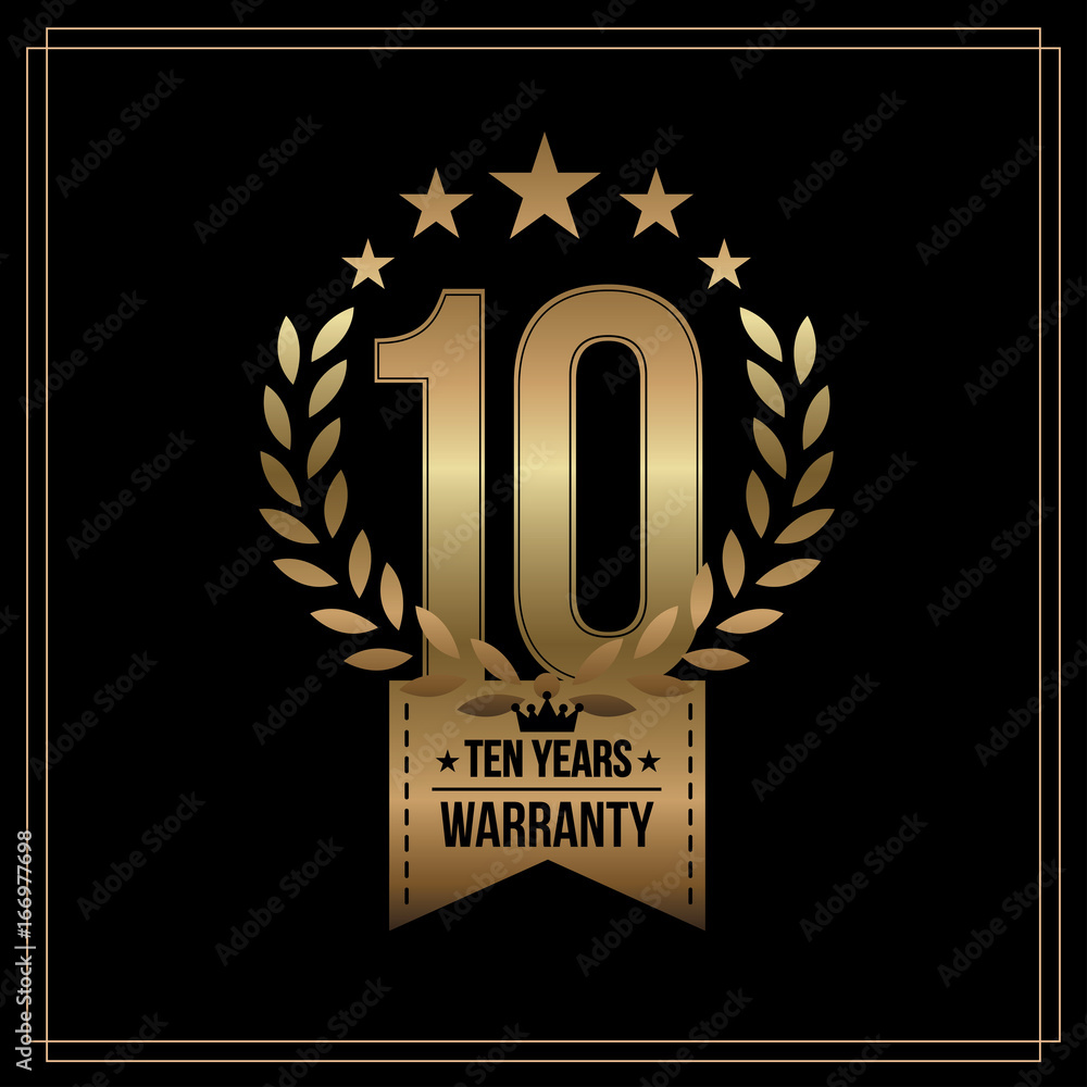 10 Years Warranty background with gold ribbon and olive branch on white ...