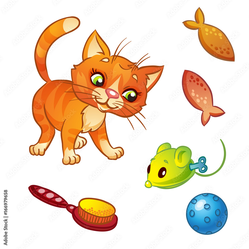 Ginger cat and cat object set, items, food and stuff, vector cartoon ...
