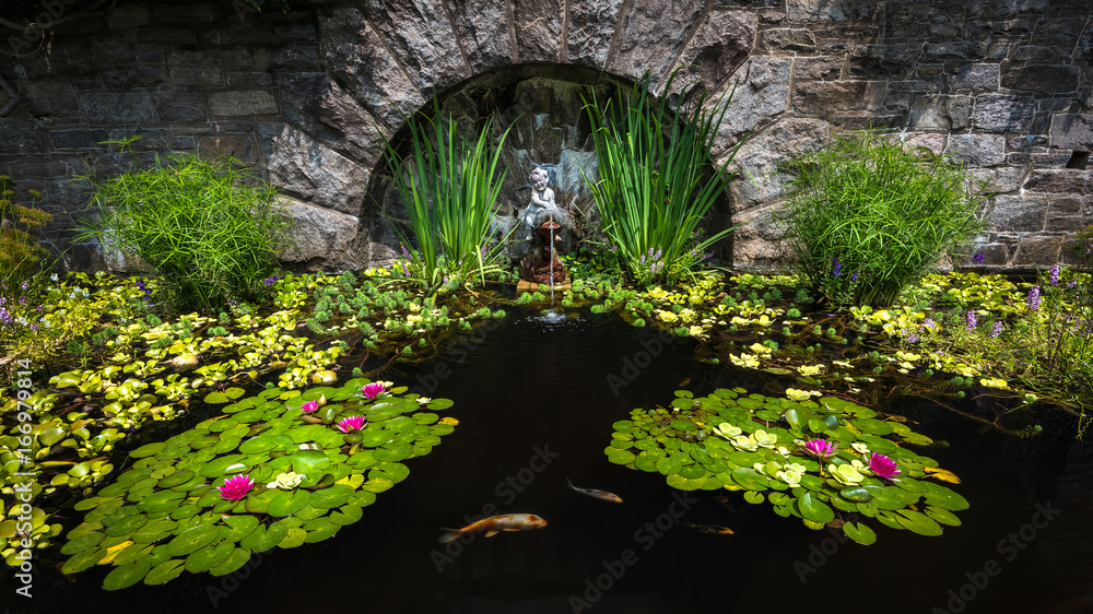 Ornamental pond with assorted aquatic plants, stone wall, and masonry ...