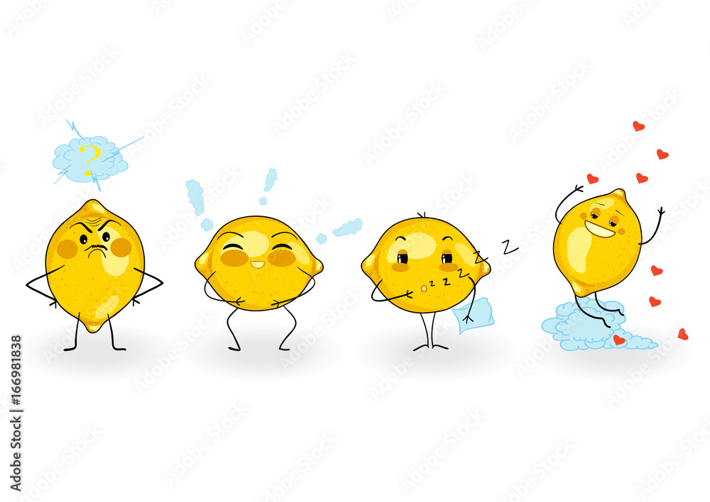 Vector lemon cartoon character set with different emotions on white ...