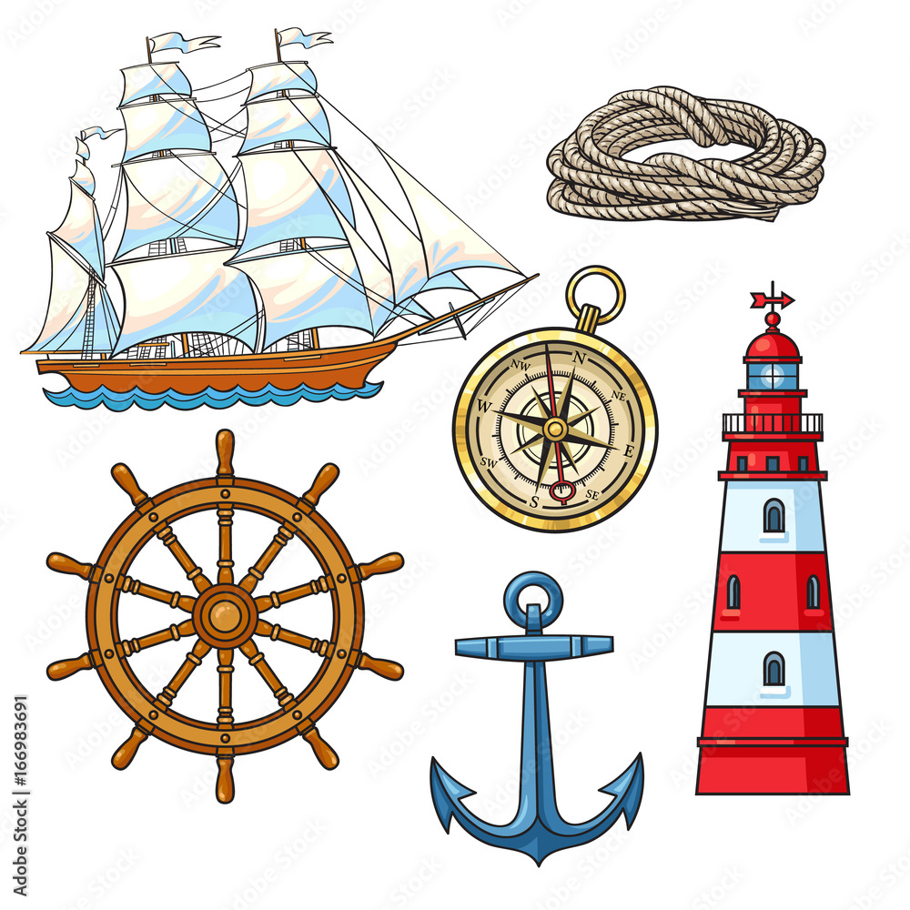 Set of cartoon nautical elements - lighthouse, anchor, compass, ship ...