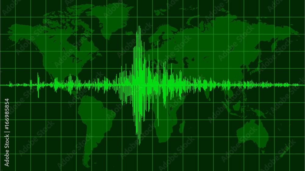 Poster Map of planet earth with seismic diagram, green matrix color ...