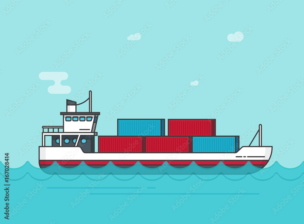 Cargo ship floating on ocean water vector illustration, flat cartoon ...