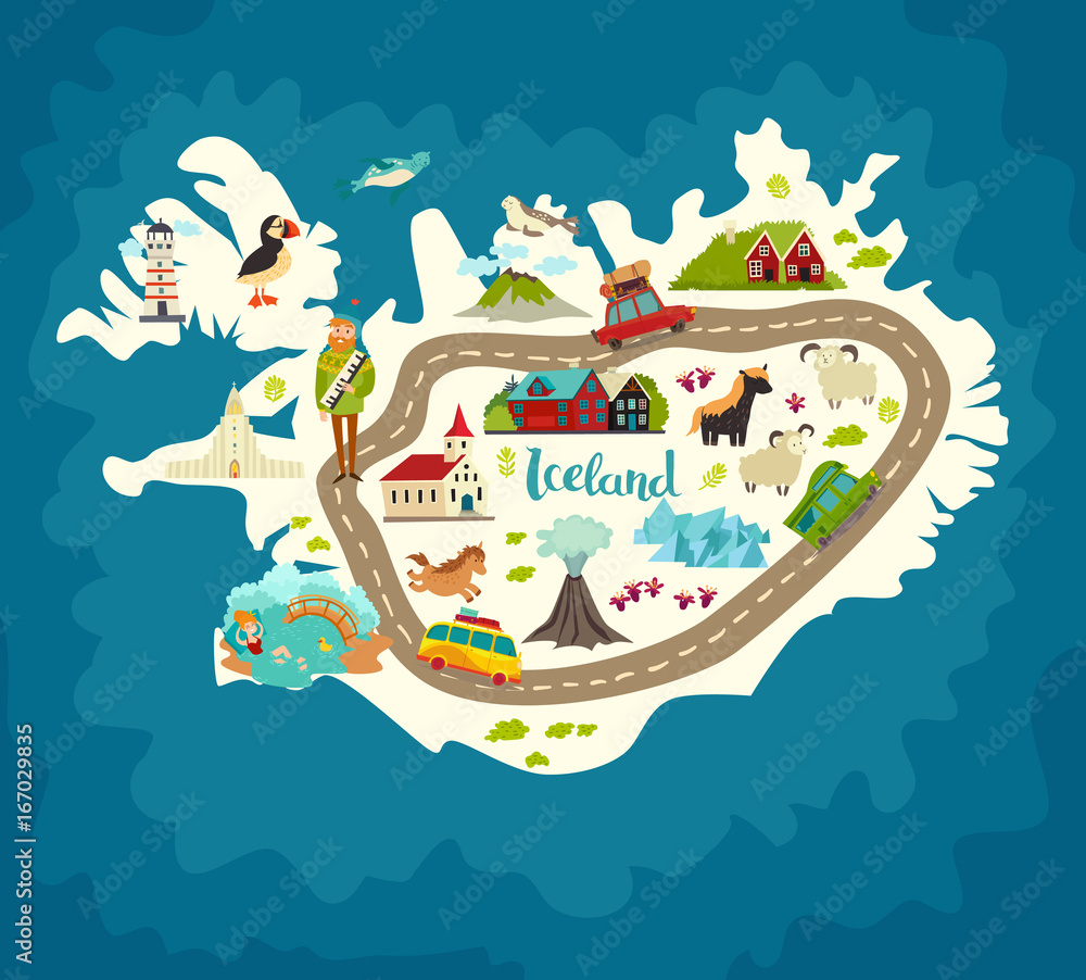 Iceland abstract map, handdrawn vector illustration. Travel ...
