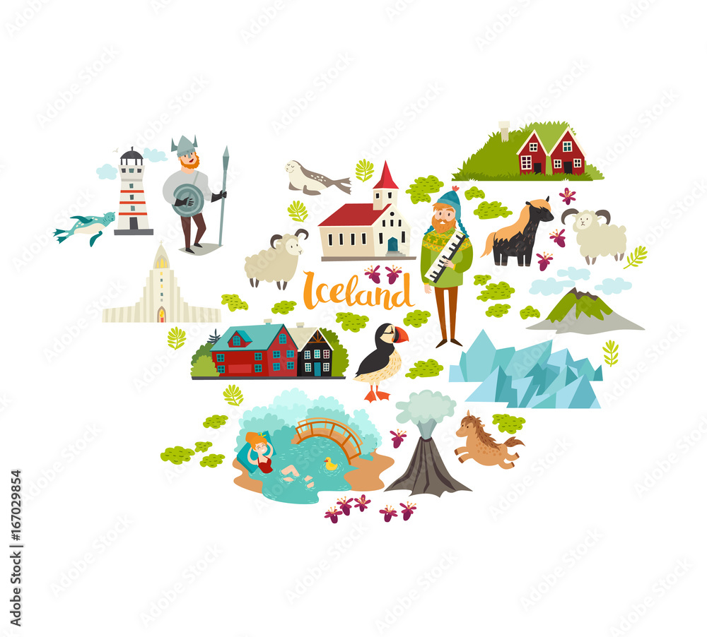 Iceland landmarks, schematic map contour. Landmark icons of Iceland ...