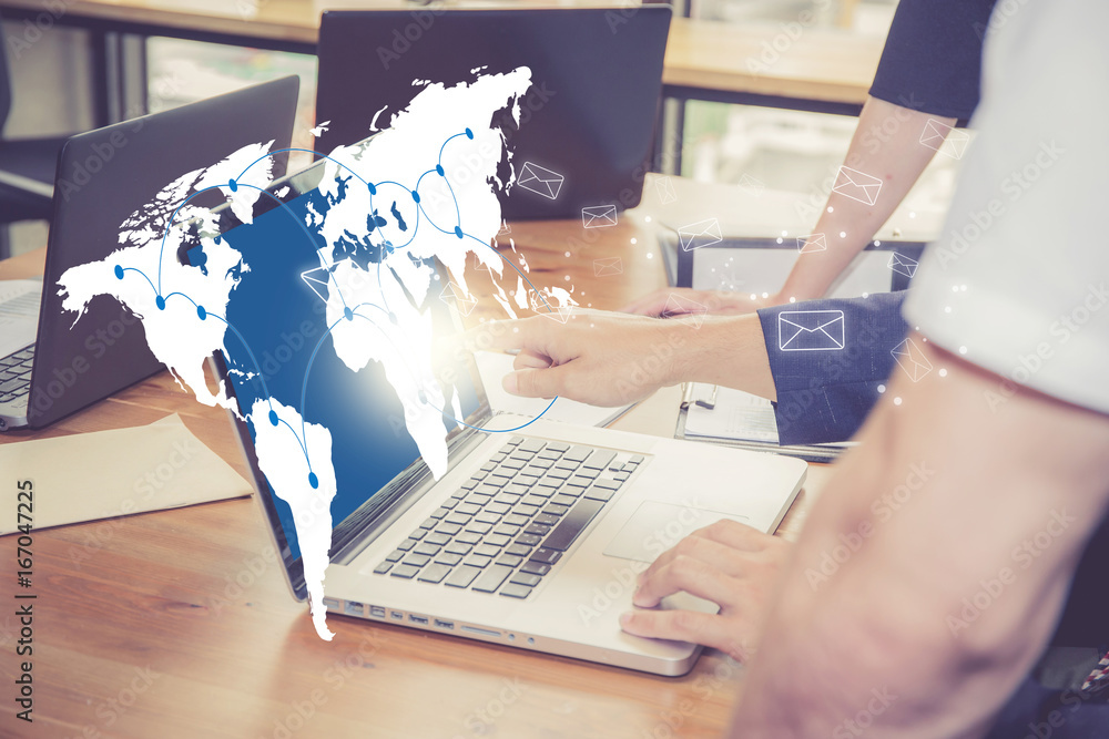 Sending email, gesture of finger pressing send button on a computer ...