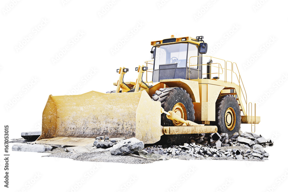 Bulldozer on a building construction site with debris .White background ...