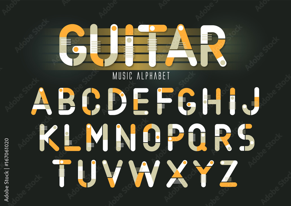 Concept of vector geometric alphabet. Theme of guitar, musical ...