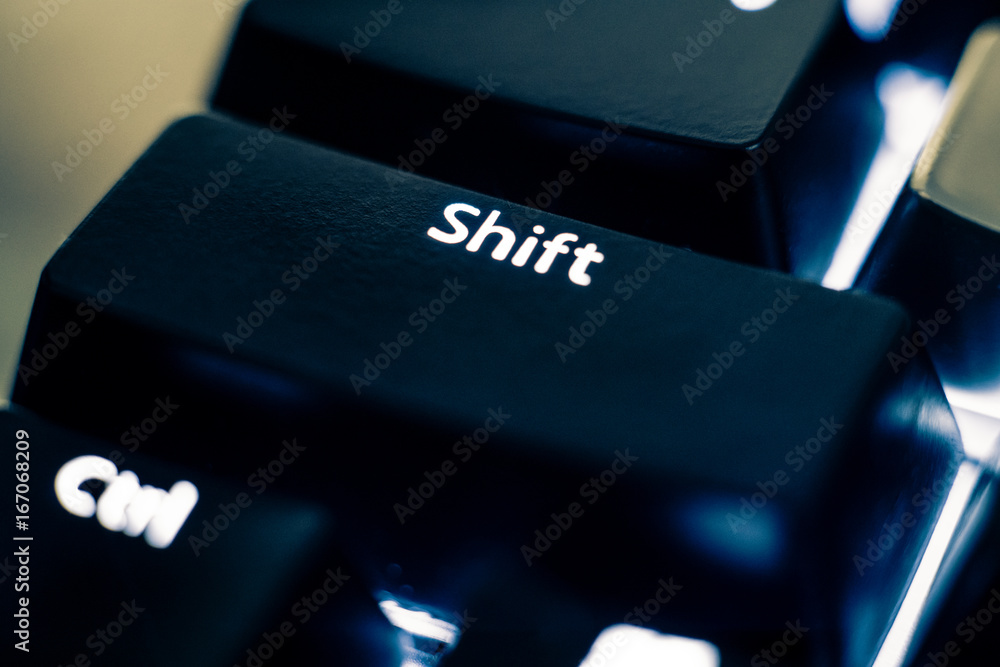 Macro photo of the shift key on a mechanical switch keyboard. The ...