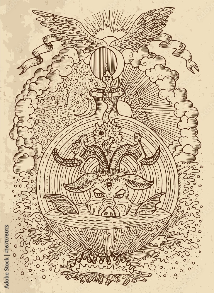 Mystic drawing with spiritual and christian religious symbols as Devil ...