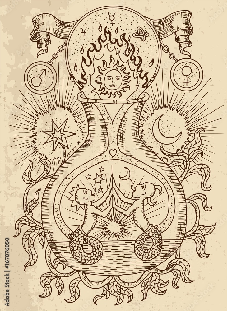 Mystic drawing with spiritual and alchemical symbols, zodiac sign ...