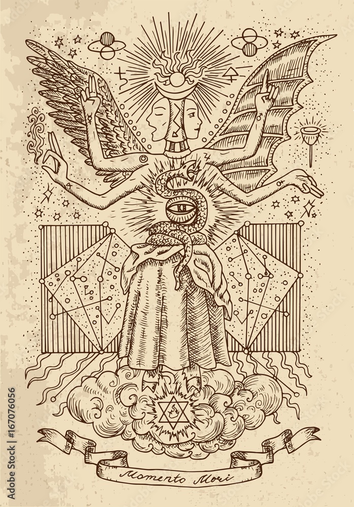 Mystic drawing of spiritual symbols, goddess of wisdom and eternity ...