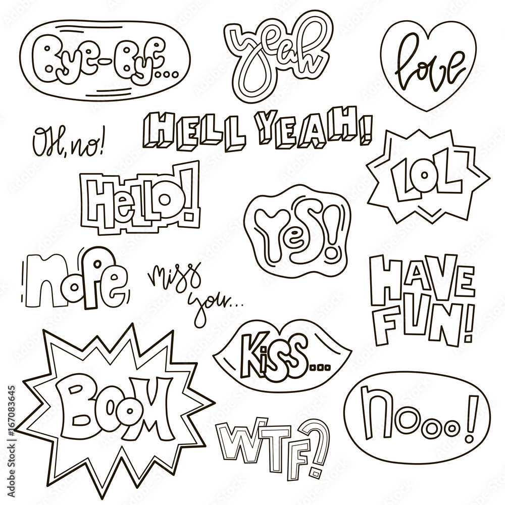 Set of cute words in doodle style. Cartoon speech bubble collection ...