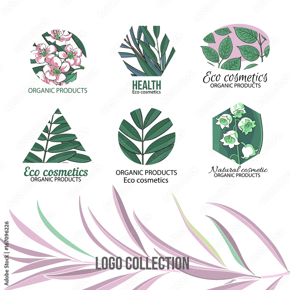 Natural, eco cosmetics logo set with hand drawn, sketch style leaves ...