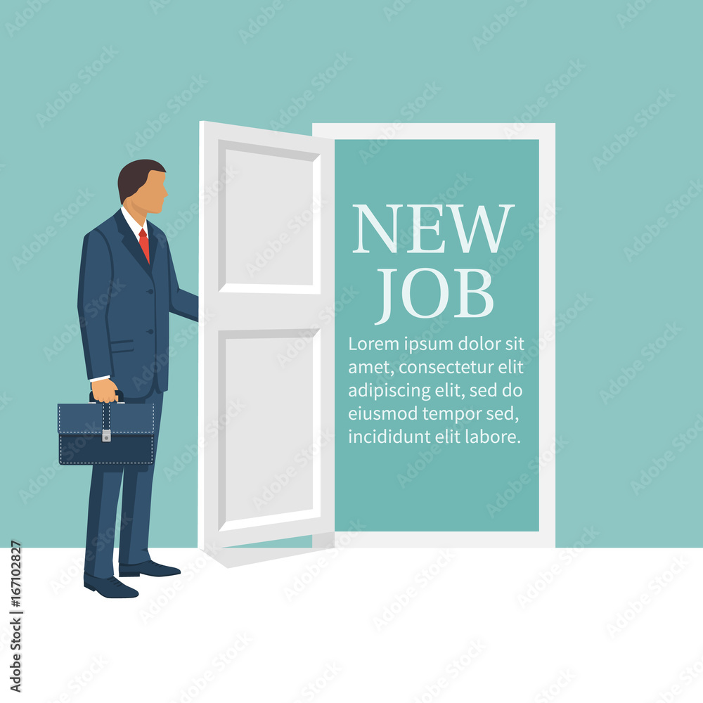New job concept. Man opens door looking for work. Welcome employee ...